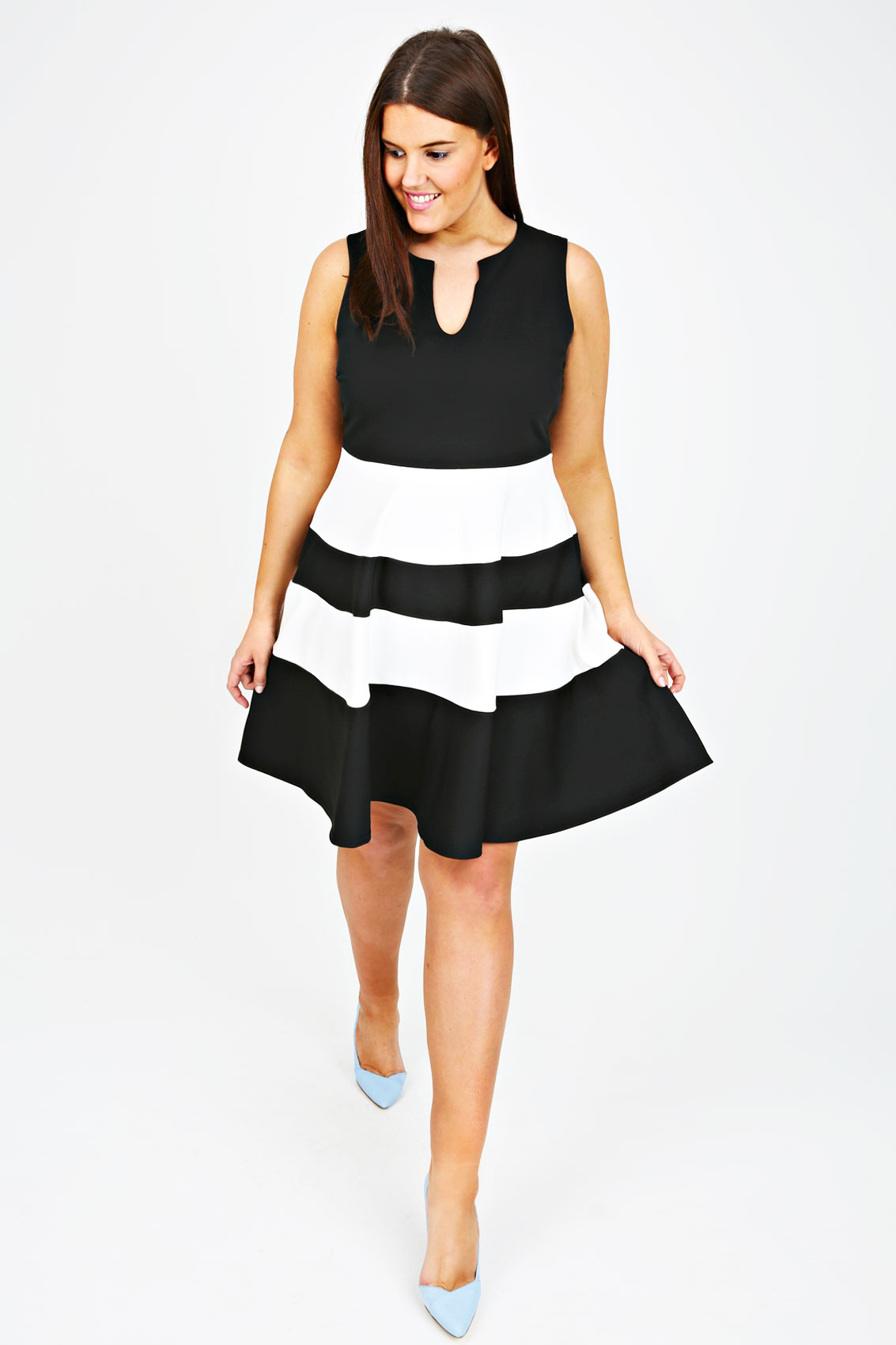 Black And White Monochrome Block Stripe Skater Dress Plus Size 14 16 18