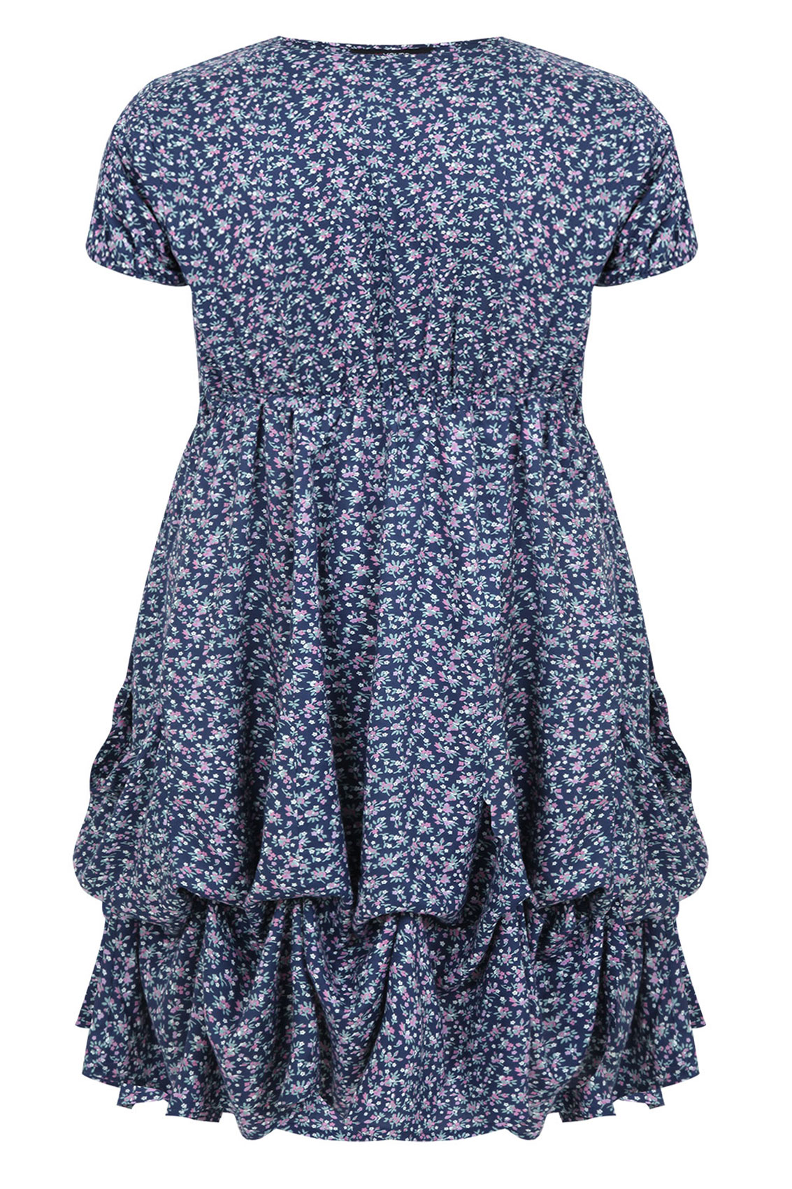 Navy And Pink Ditsy Floral Print Tunic Dress With Frilled Hem Plus Size